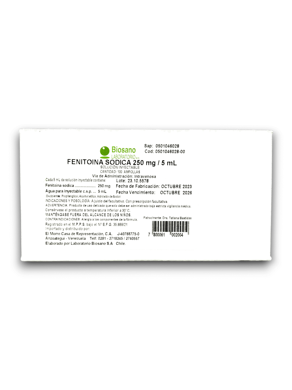 FENITOINA SODICA 250 MG /5 ML AMP (BIOSANO) - Droguerías Ciccorp